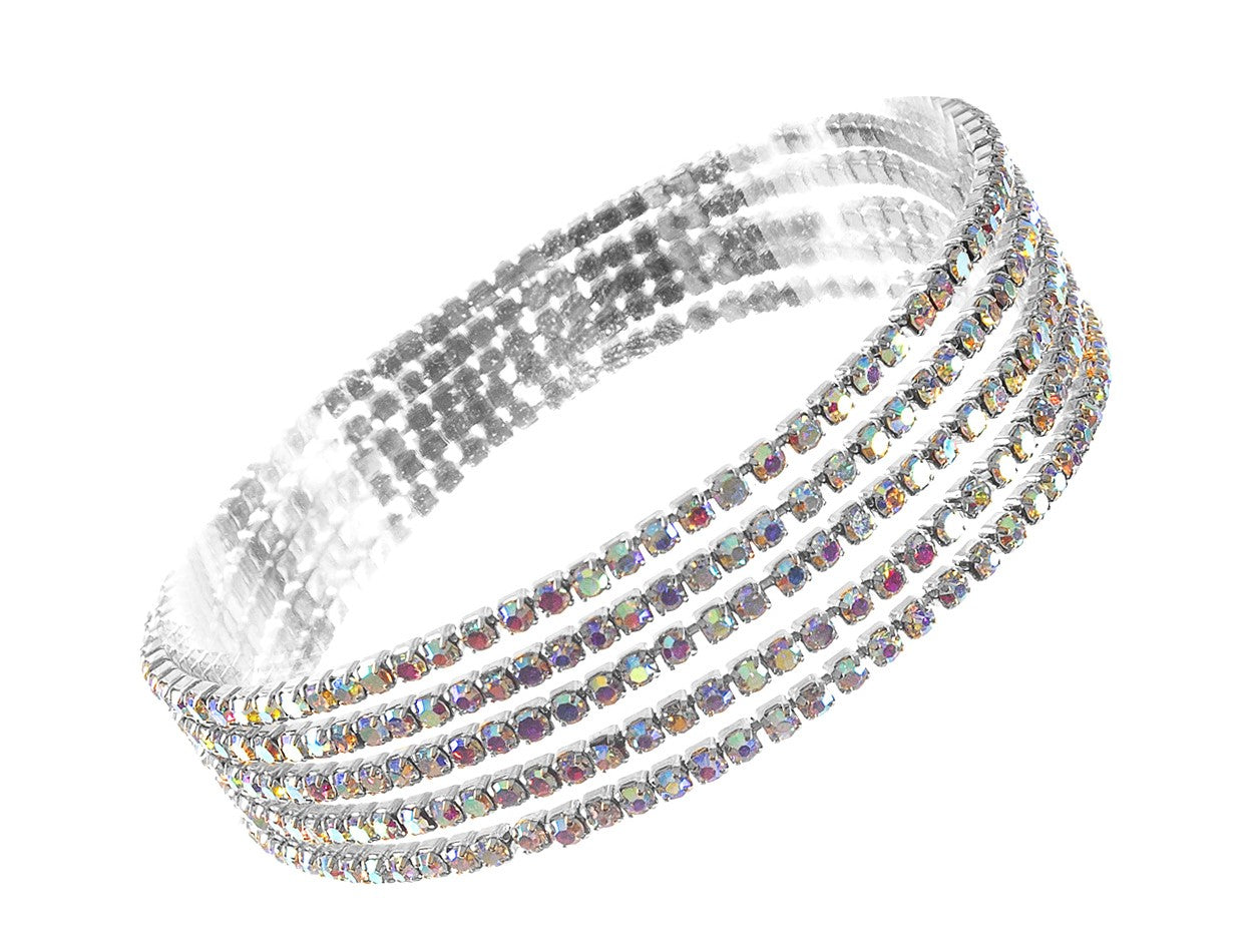 Women s Stunning Set of 5 Rhinestone Stretch Bracelets AB Crystal Silver Tone